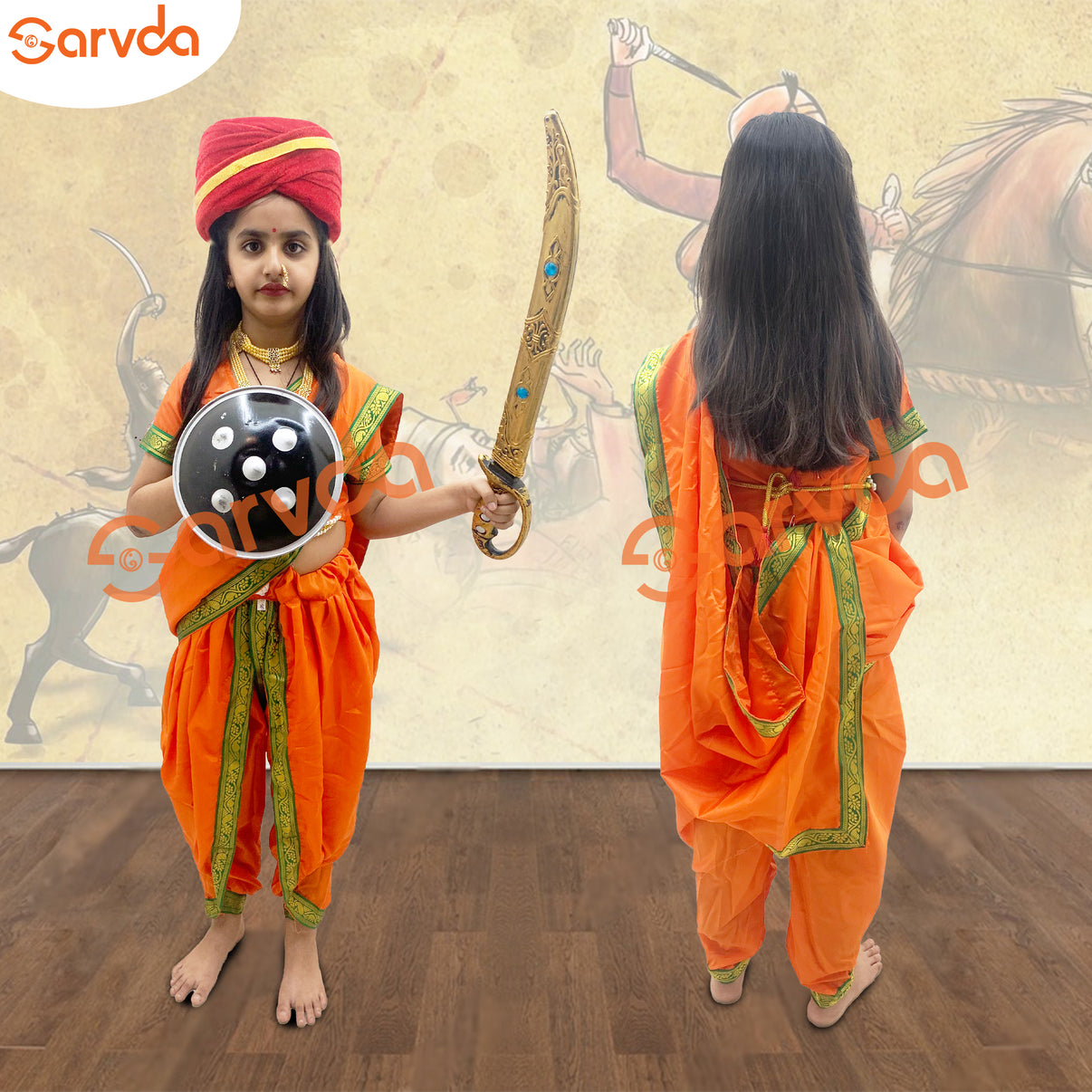 Marathi Saree / Rani Lakshmi Bai costume (Orange)- without accessories ...