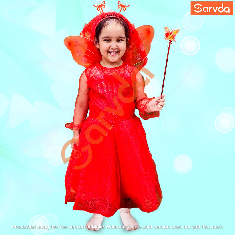 Fairy / Pari Frock dress with wings, hairband, fairy stick - Red – Sarvda
